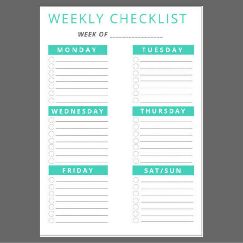 Weekly Checklist Fillable & Printable TEAL N White Check - Etsy