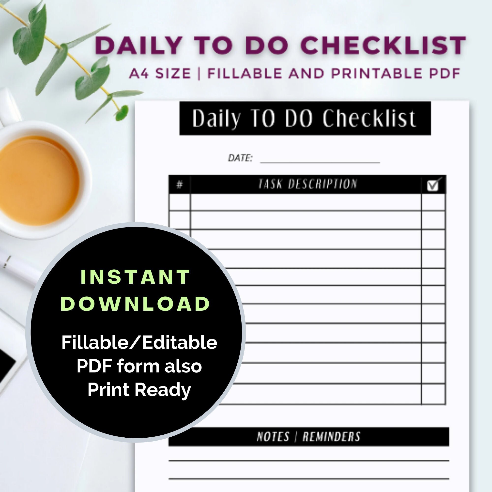 Minimalist Daily to Do Checklist Printable, Simple Black Tasks List ...