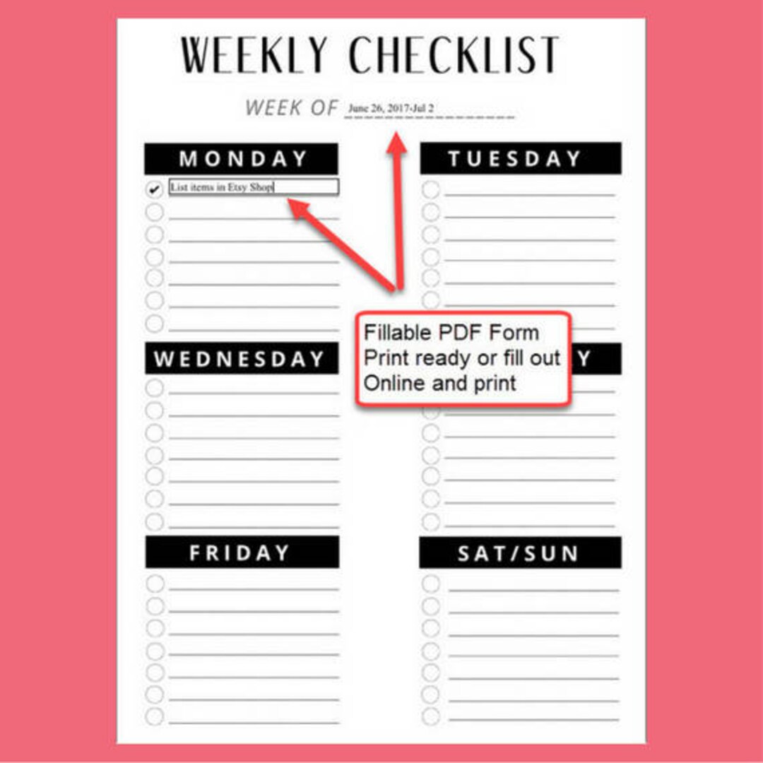 Digital Weekly Checklist Fillable & Printable Black N White Check List ...