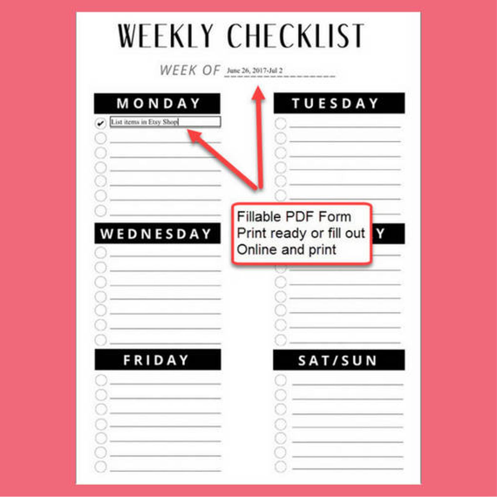 Digital Weekly Checklist Fillable & Printable Black N White Check List ...
