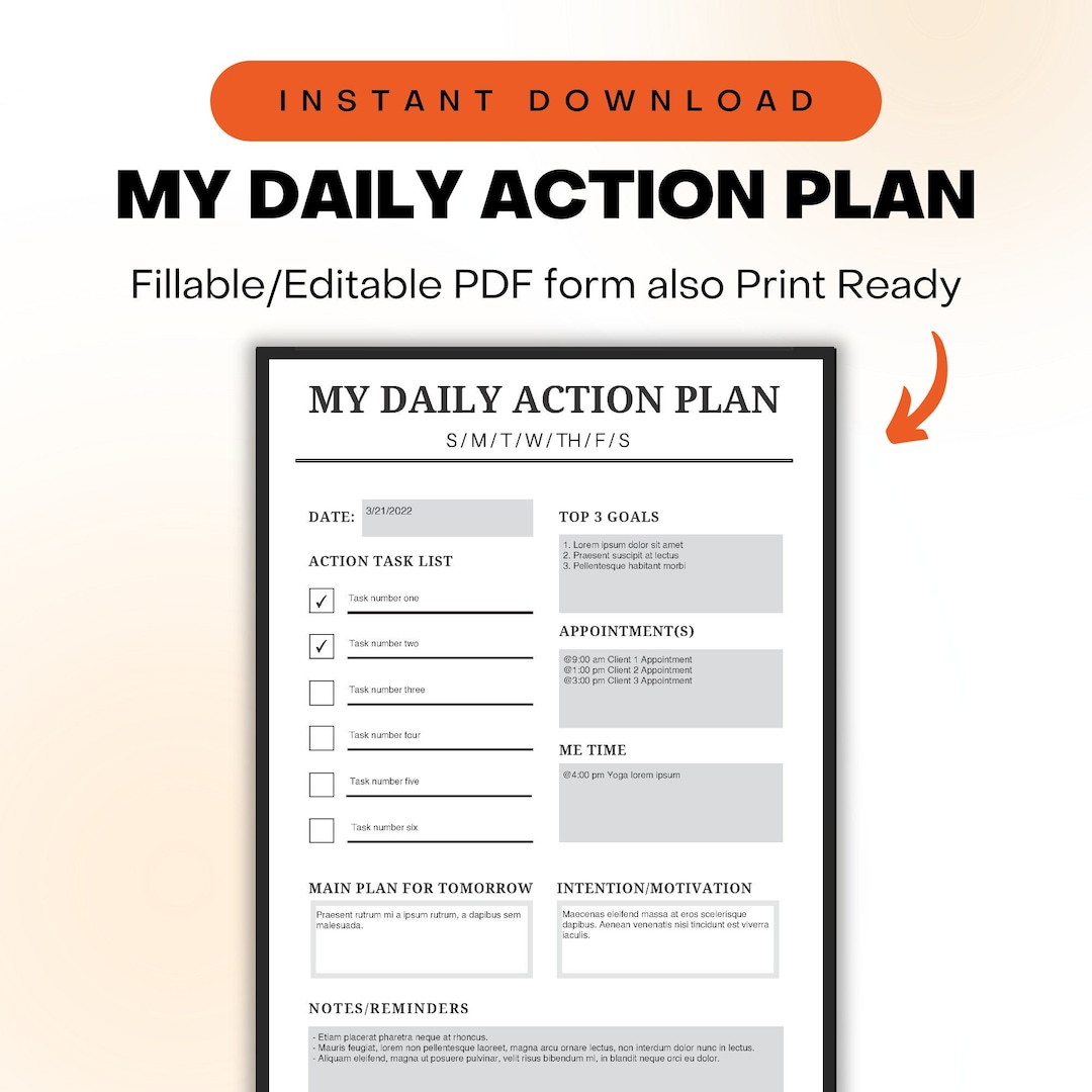 My Daily Plan of Action, Minimalist Daily Planner Printable, Fillable ...