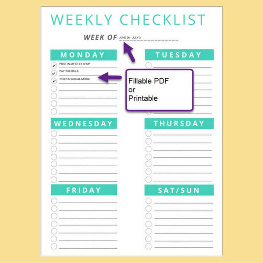 Weekly Checklist Fillable & Printable TEAL N White Check - Etsy