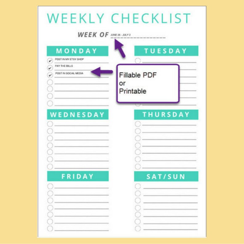 Weekly Checklist Fillable & Printable TEAL N White Check - Etsy