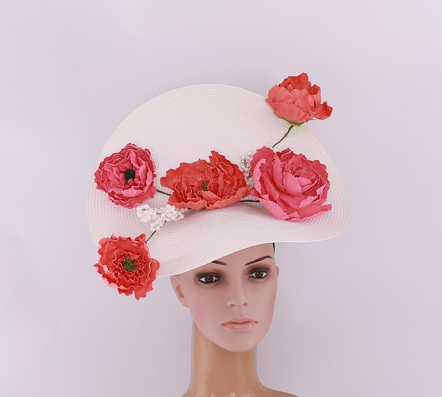 White Fascinator Pink Orange Flowers Kentucky Derby Hat, White Pink ...