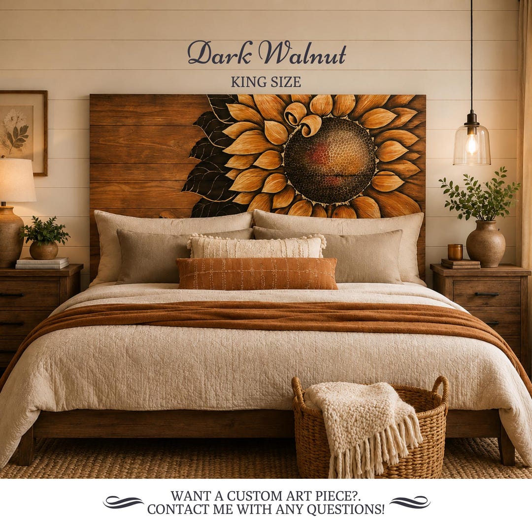 Custom Hand-carved Sunflower Headboard | Wood Stained Wall-mounted Bed ...