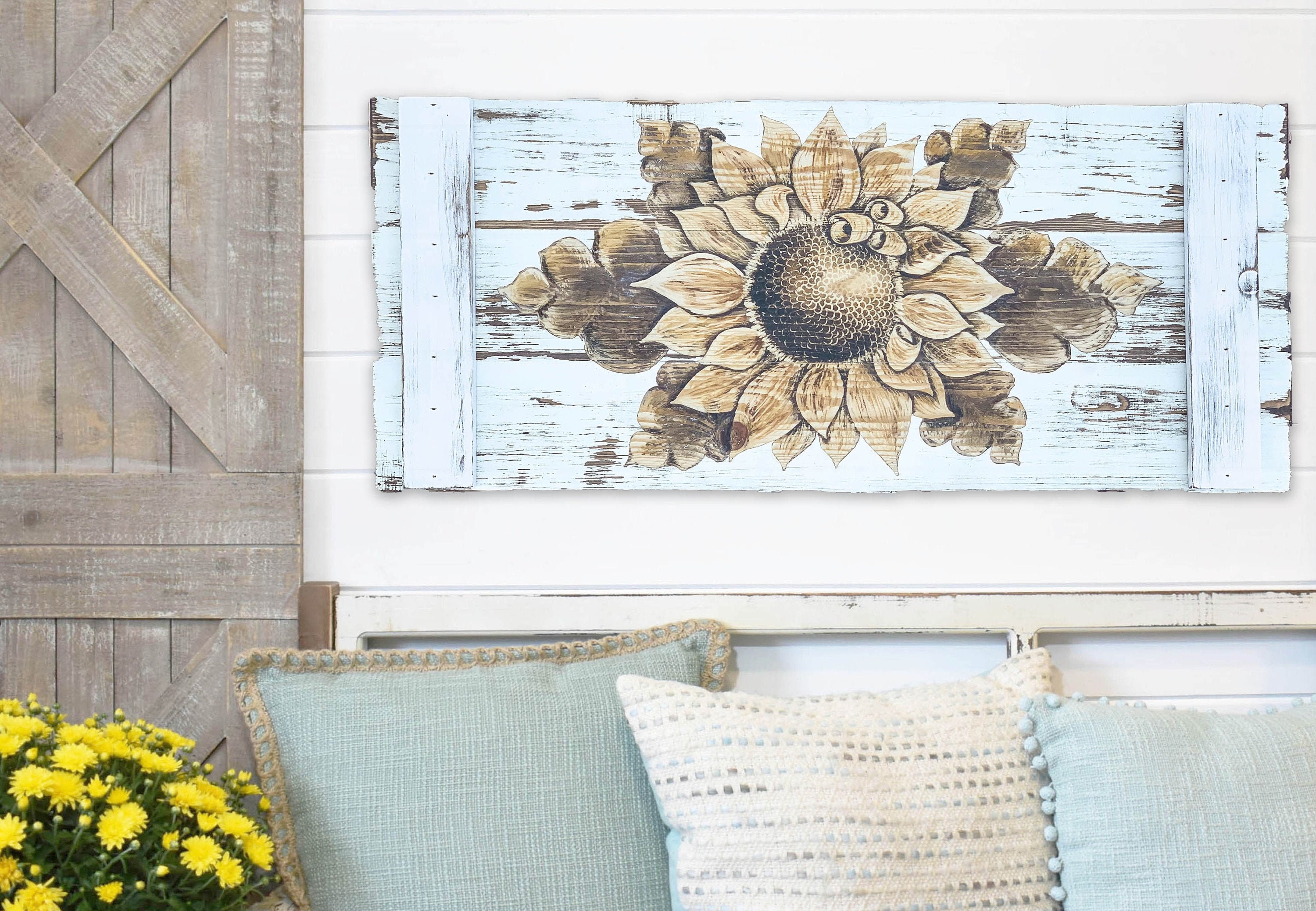 White Wash Wood Sunflower Artwork Sunflowers Decor Rustic | Etsy