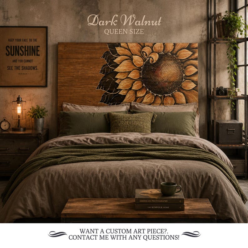 Custom Hand-carved Sunflower Headboard | Wood Stained Wall-mounted Bed ...