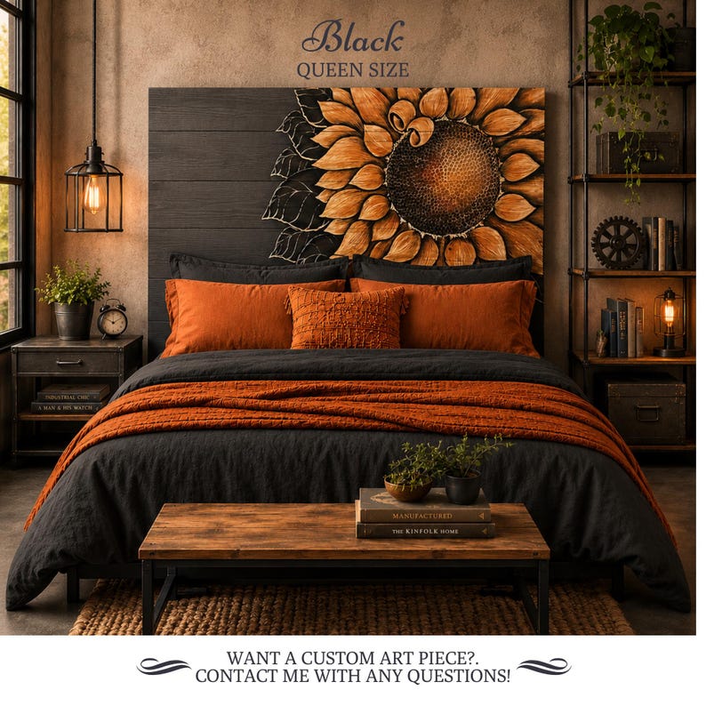 Custom Hand-carved Sunflower Headboard | Wood Stained Wall-mounted Bed ...