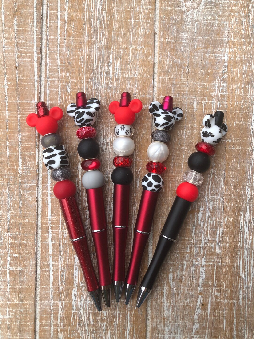 Dalmatian Villain Inspired Pen / Black Ink Beaded Twist Pen / Mouse Ear ...