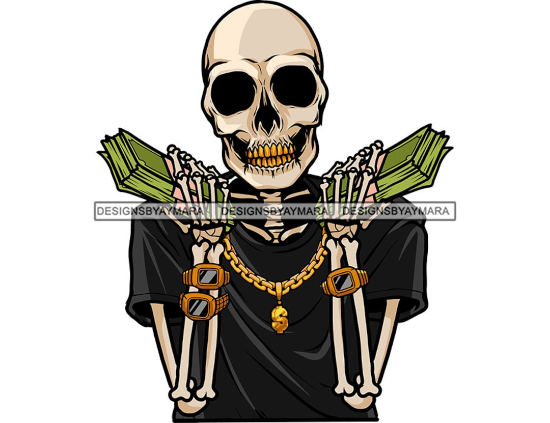 Hustler Skull Man Cartoon Character Holding Money Stacks Gold Watch ...