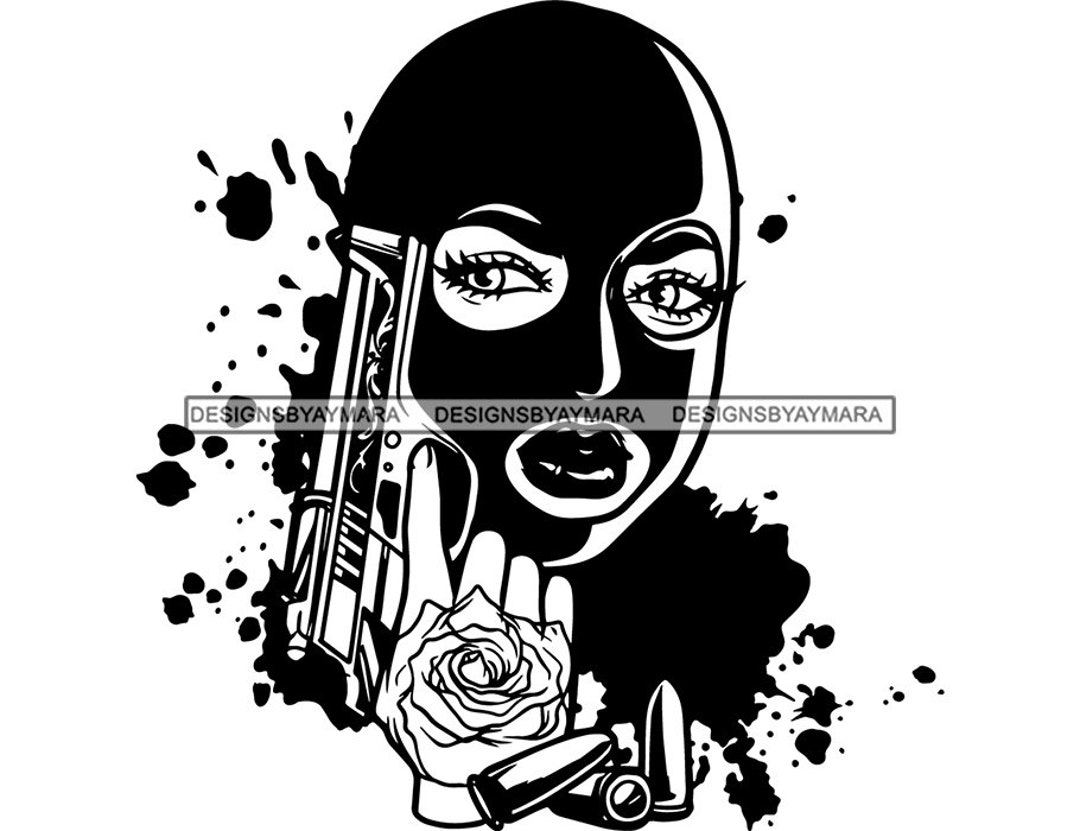 Gangster Woman Wearing Ski Mask Holding Handgun Bullets Burglar Roses ...