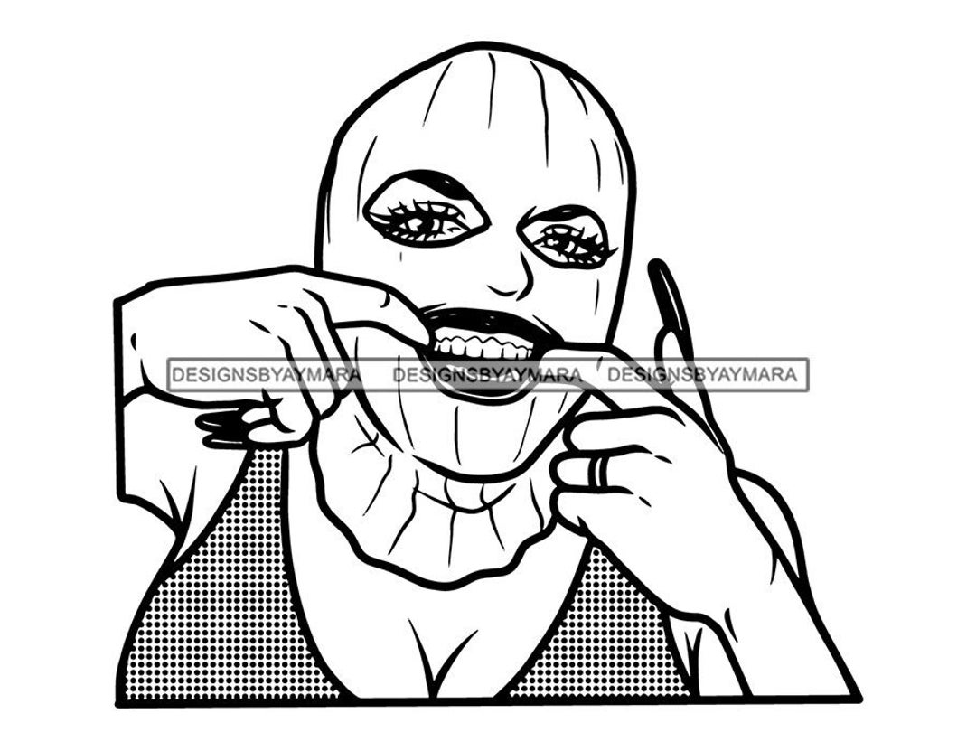 Gangster Woman Portrait Ski Mask Balaclava Showing Gold Teeth Grill ...