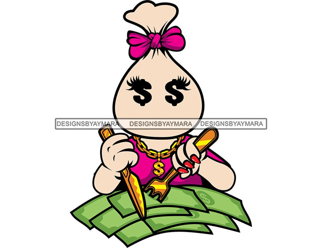 Money Bag Head Girl Cartoon Character Money Stacks Gold Kitchen ...