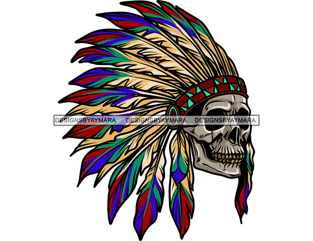 Skull Head Cherokee Indian Indigenous Tribe Headdress Feather Warrior ...