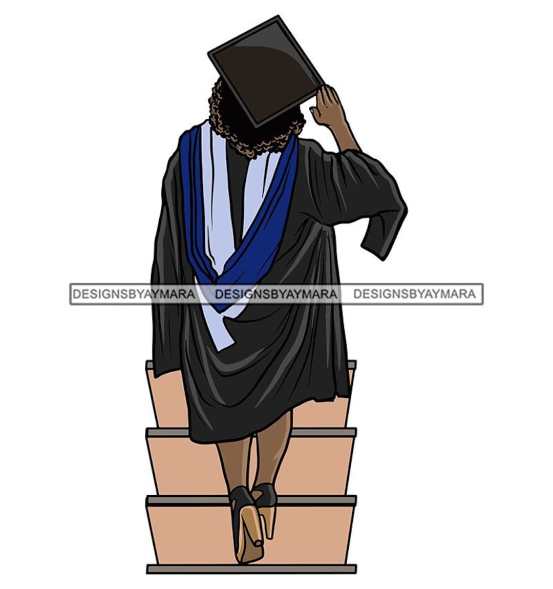 Graduation Afro Woman Going up Stairs Cap Diploma College Ceremony ...