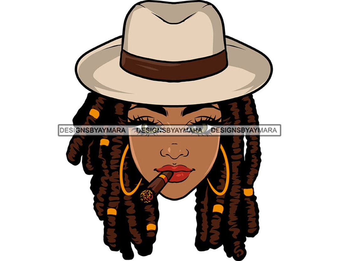 Melanin Woman Portrait Fedora Panama Hat Smoking Cigar Smoke Locs ...