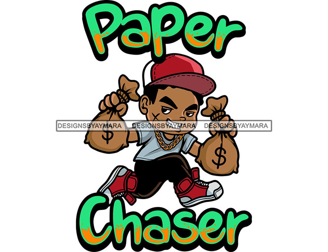 Paper Chaser Hustler Ten Boy Running Carrying Money Bags Baseball Hat ...