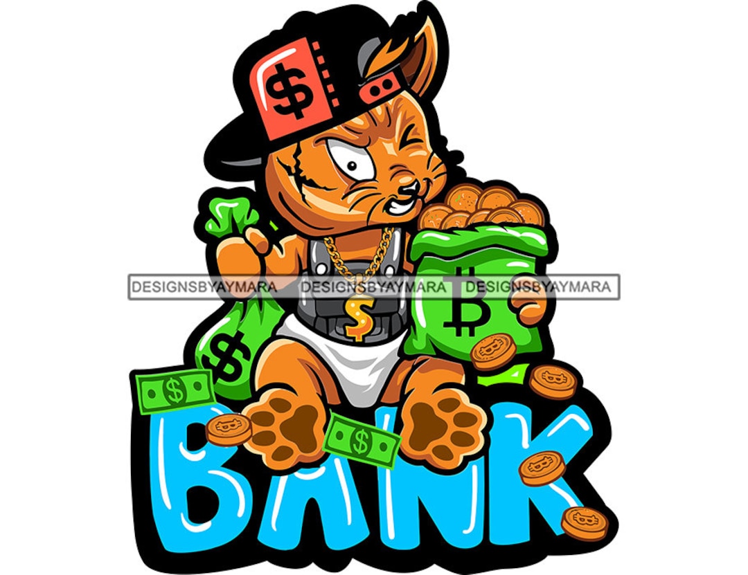 Bank Hustler Kitten Cat Cartoon Character Money Bags Coins Winkey Eyes ...