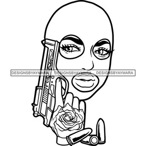 Gangster Woman Wearing Ski Mask Holding Handgun Bullets Burglar Roses ...