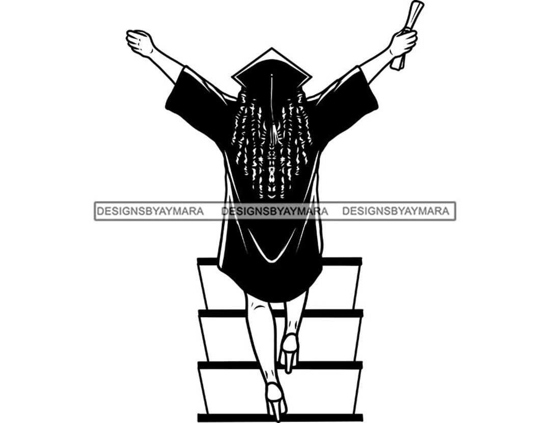 Happy Graduation Woman Stairs Diploma Gown Cap Tassel Grad Graduate ...