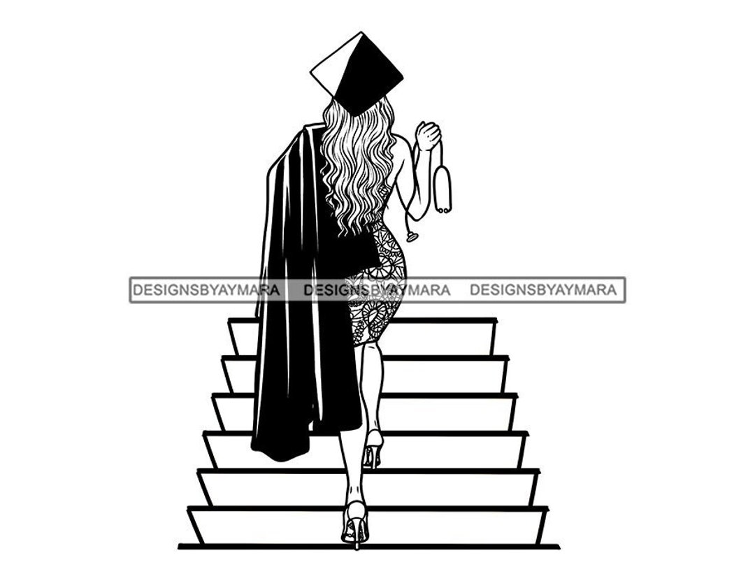 Graduation Young Woman Going up Stairs Nurse Student Cap Gown ...