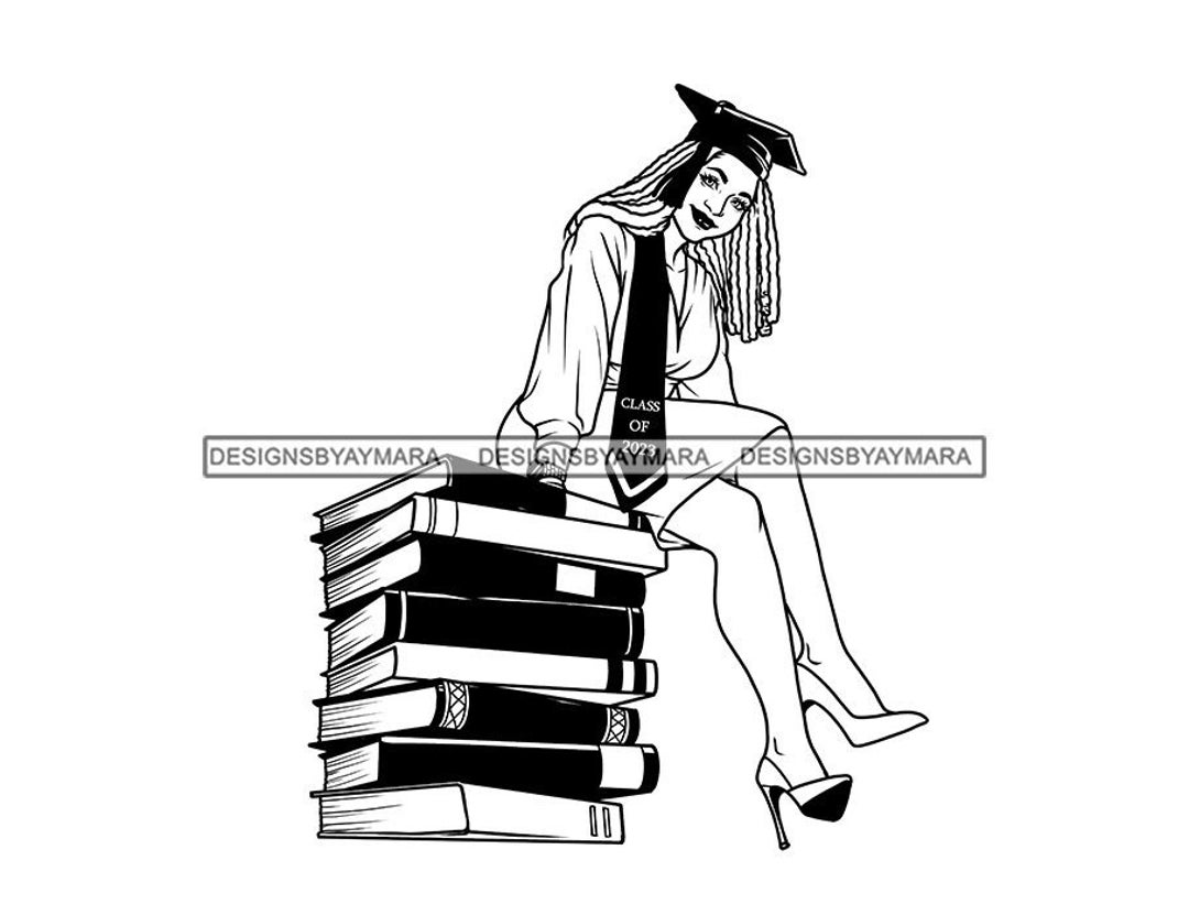 Graduation Young Woman Sitting Books Student Convocation Cap Gown ...
