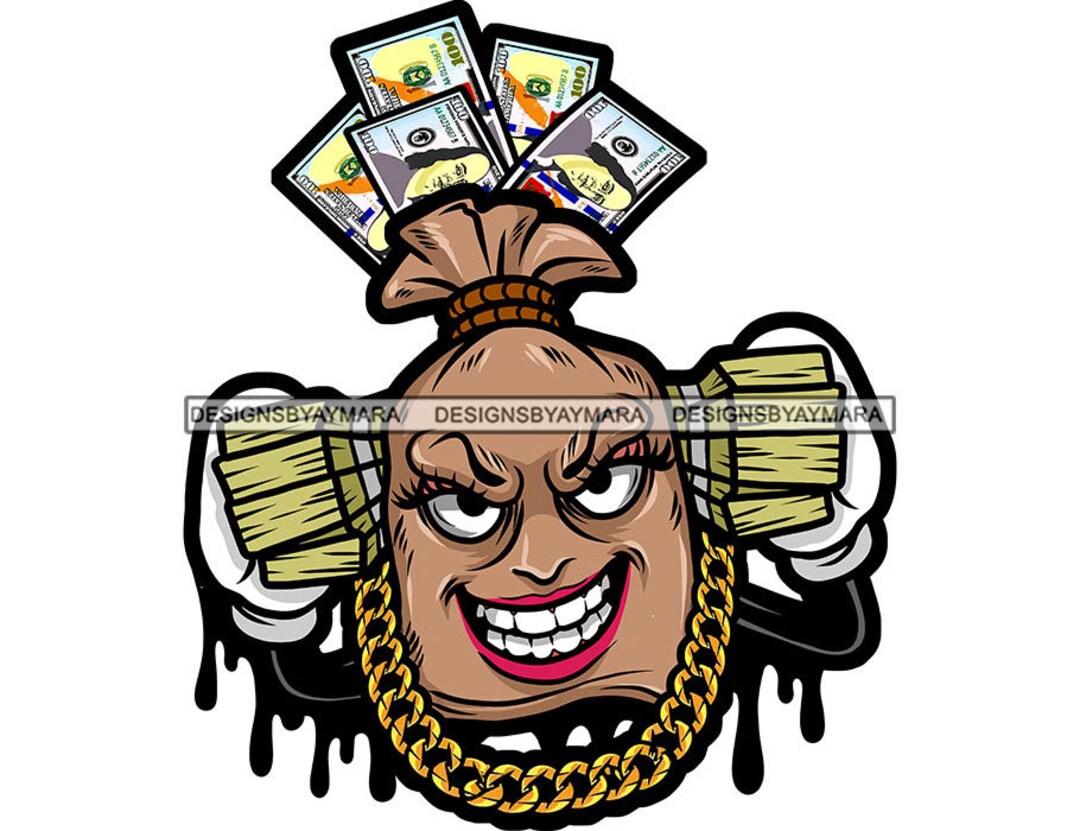 Female Money Bag Cartoon Character Evil Smile Holding Money Stacks 100 ...