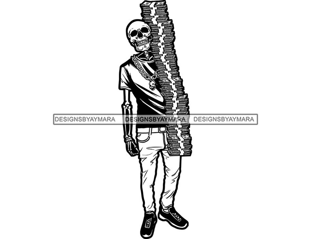 Skull Man Cartoon Character Holding Money Stacks Hustler Hustle Grind ...
