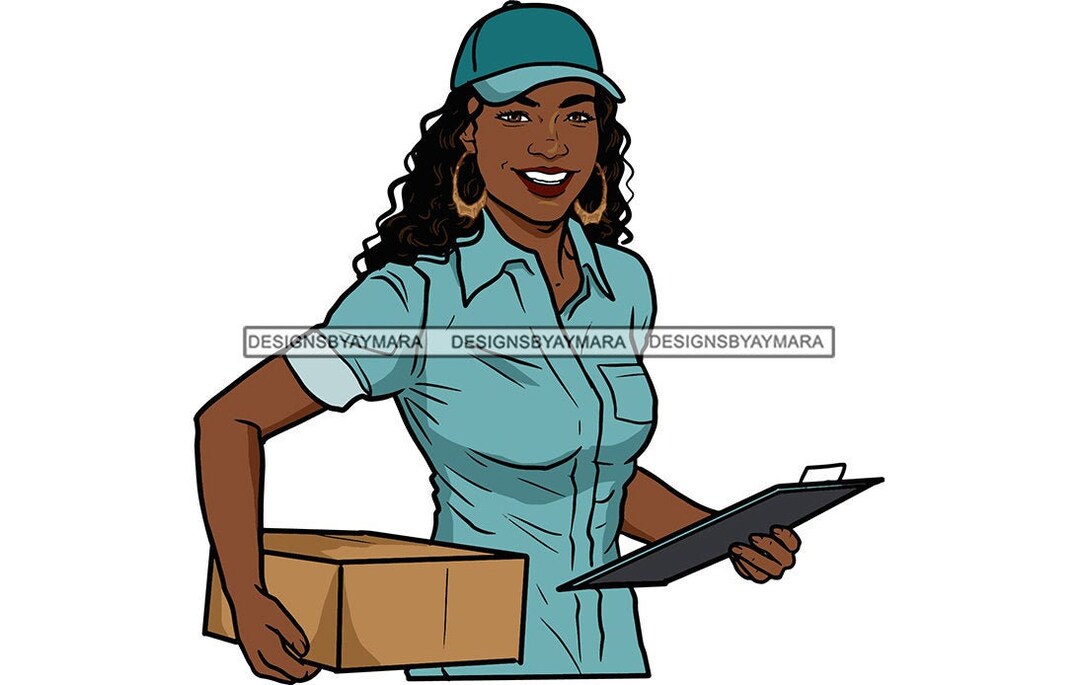 Post Office Afro Woman Delivering Package Box Mail Service Courier ...