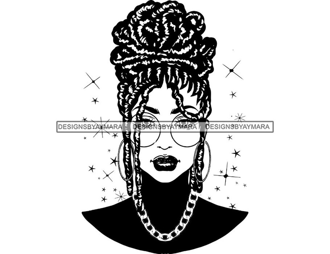 Classy Woman Portrait Sister Locs Dreads Messy Bun Hairstyle Fashion ...