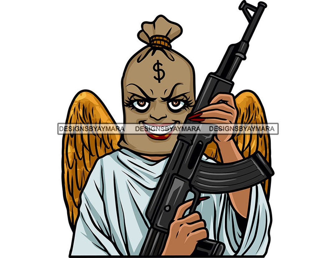 Money Bag Woman Head Cartoon Character Gangster Angel Holding Riffle ...
