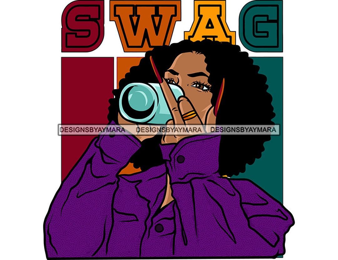 Swag Melanin Woman Middle Finger Drinking Coffee Curly Hair Long Nails ...
