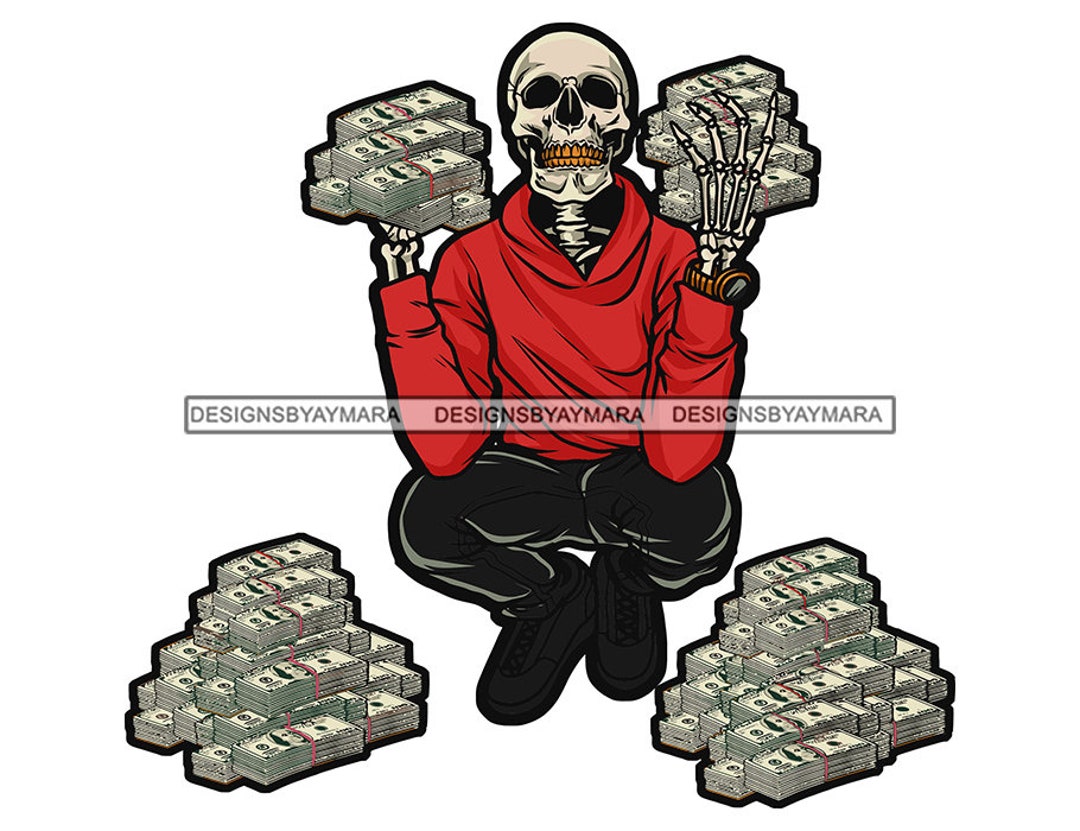 Hustler Skull Man Cartoon Character Money Stacks Bragging Bank Skeleton ...