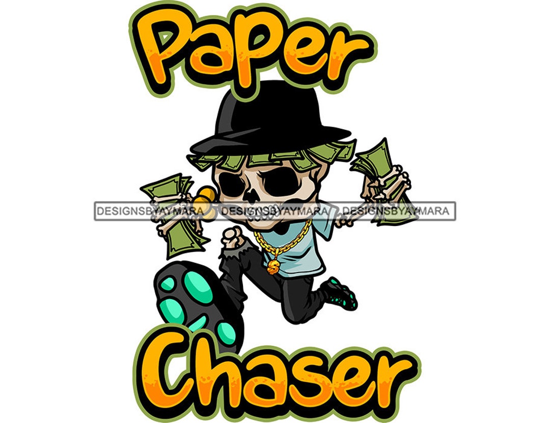 Paper Chaser Hustler Skull Man Cartoon Character Running Money Cash ...