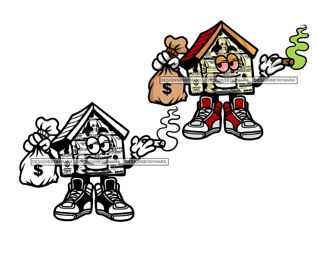 Money House Cartoon Character Holding Money Bag Smoking Cigar - Etsy