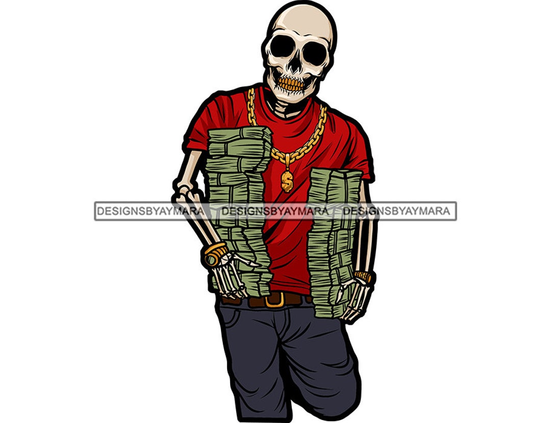 Hustler Skull Man Cartoon Character Carrying Money Stacks Gold Chain ...