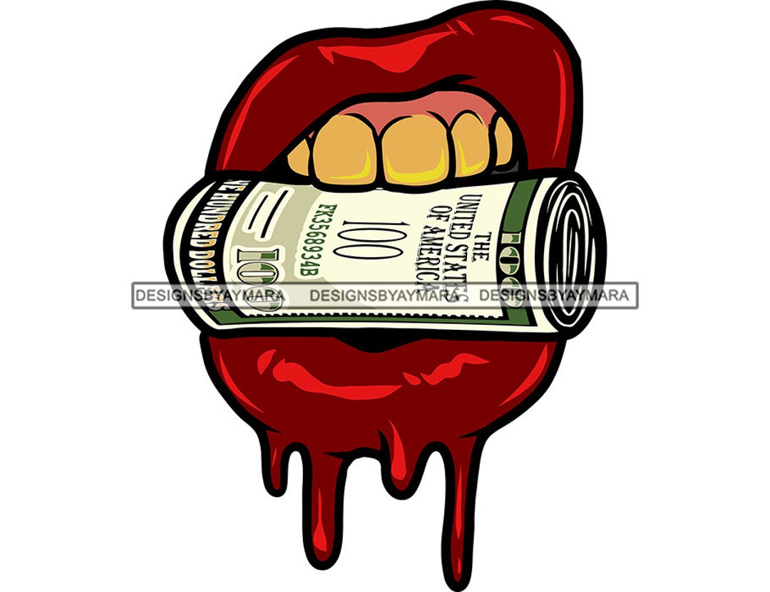 Red Lips Dripping Holding Money Roll Cash Gold White Teeth Mouth Cash ...