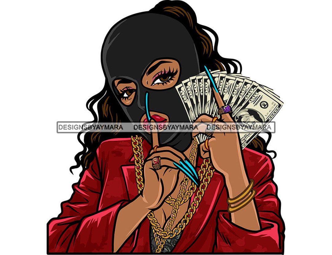 Gangster Melanin Woman Ski Mask Burglar Holding Money Stack Classy Red ...