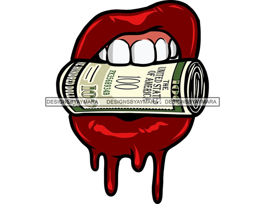 Red Lips Dripping Holding Money Roll Cash White Teeth Mouth Dinero Cash ...