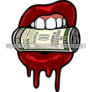 Red Lips Dripping Holding Money Roll Cash White Teeth Mouth Dinero Cash ...