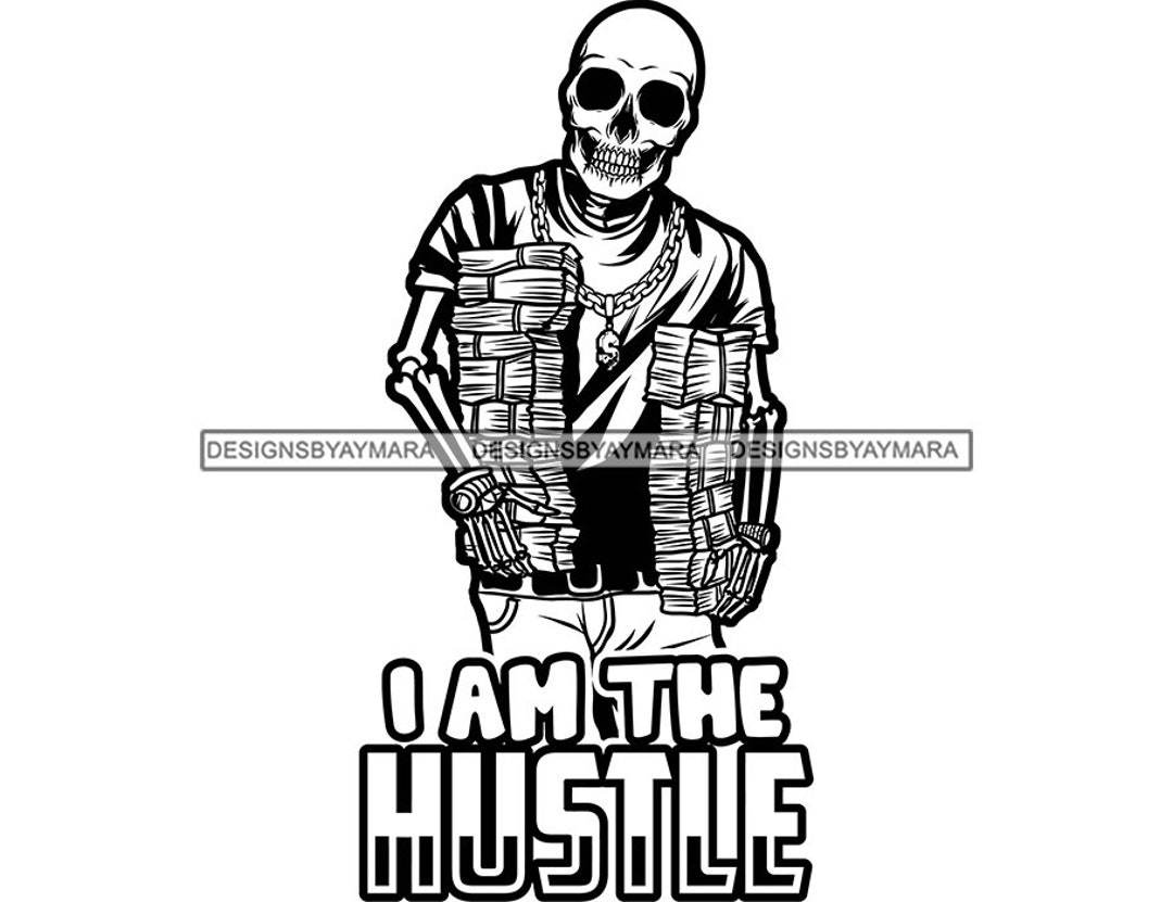 I'm the Hustle Skull Man Cartoon Character Carrying Money Stacks Gold ...