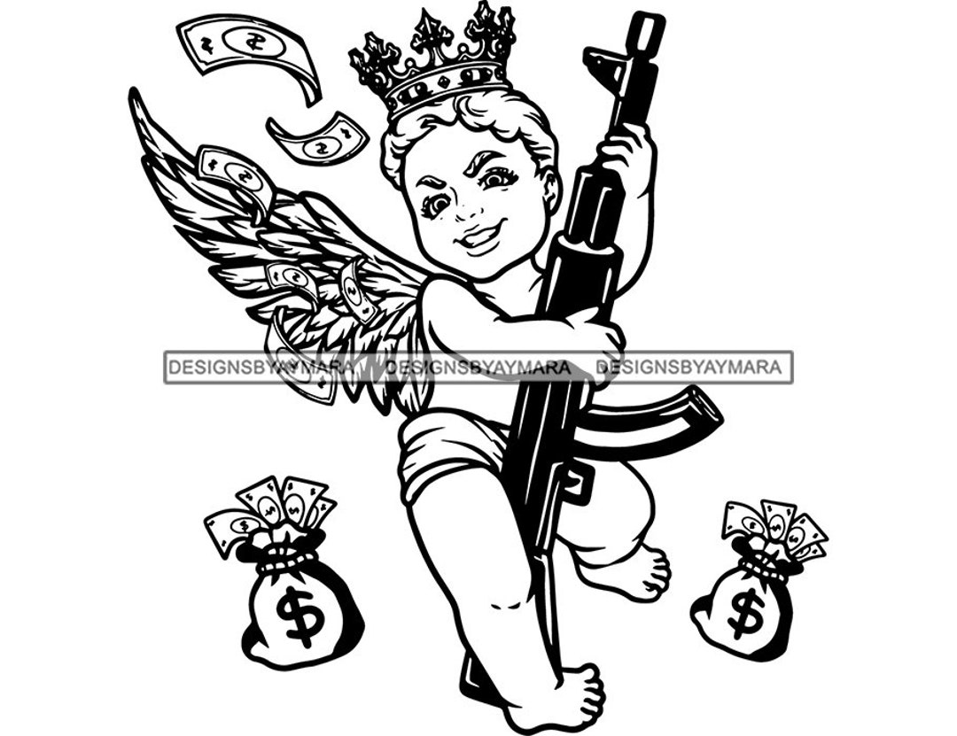 Gangster Baby Boy in Diapers Angel Prices King Crown Holding A Riffle ...