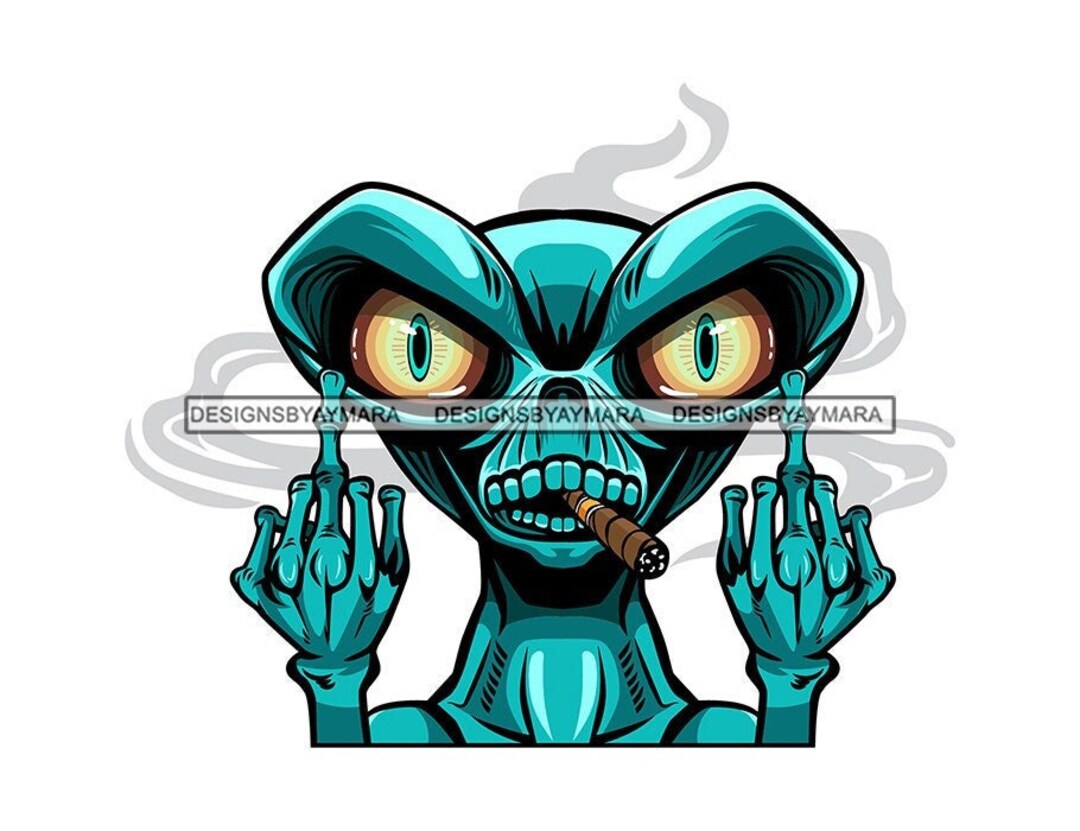 Green Alien Smoking Cigar Smoke Smoker Middle Finger Creepy Creature ...