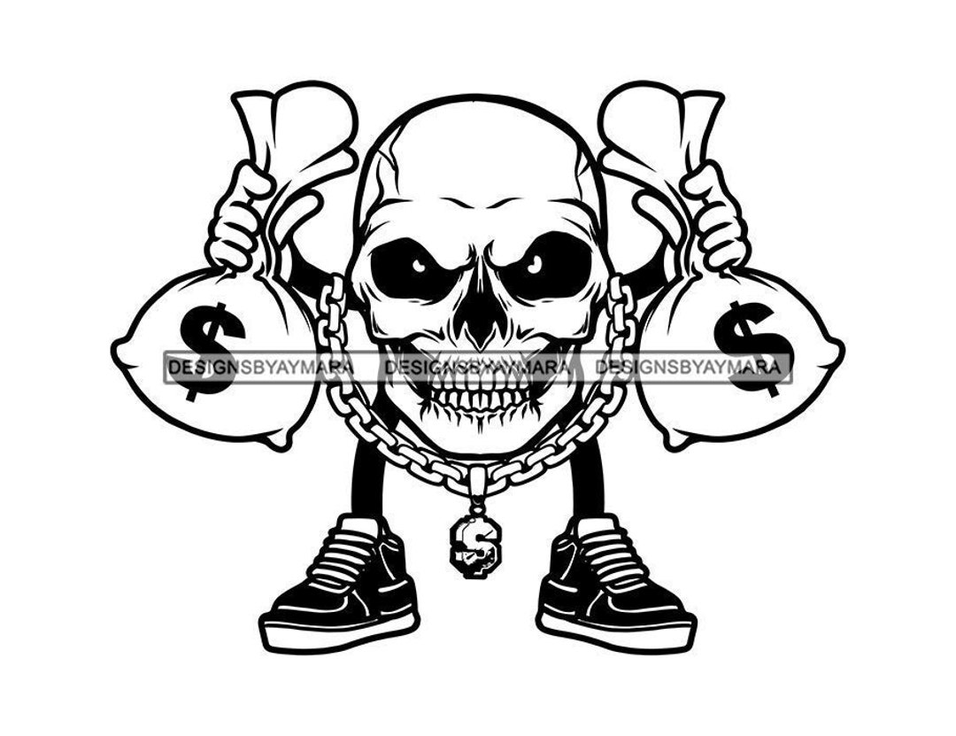 Hustle Hustler Skull Man Cartoon Character Holding Money Bags Cash ...