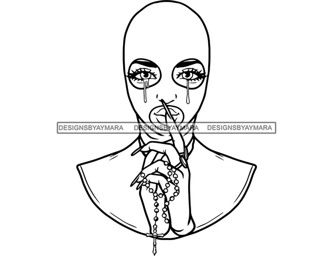 Gangster Woman Portrait Ski Mask Holding Rosary Cryng Tears Crime ...