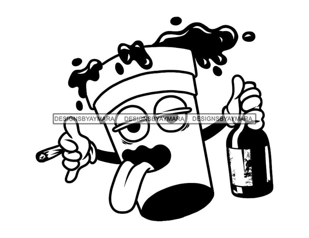 Cup Cartoon Character Splash Drinking Alcohol Holding Bottle Smoking ...