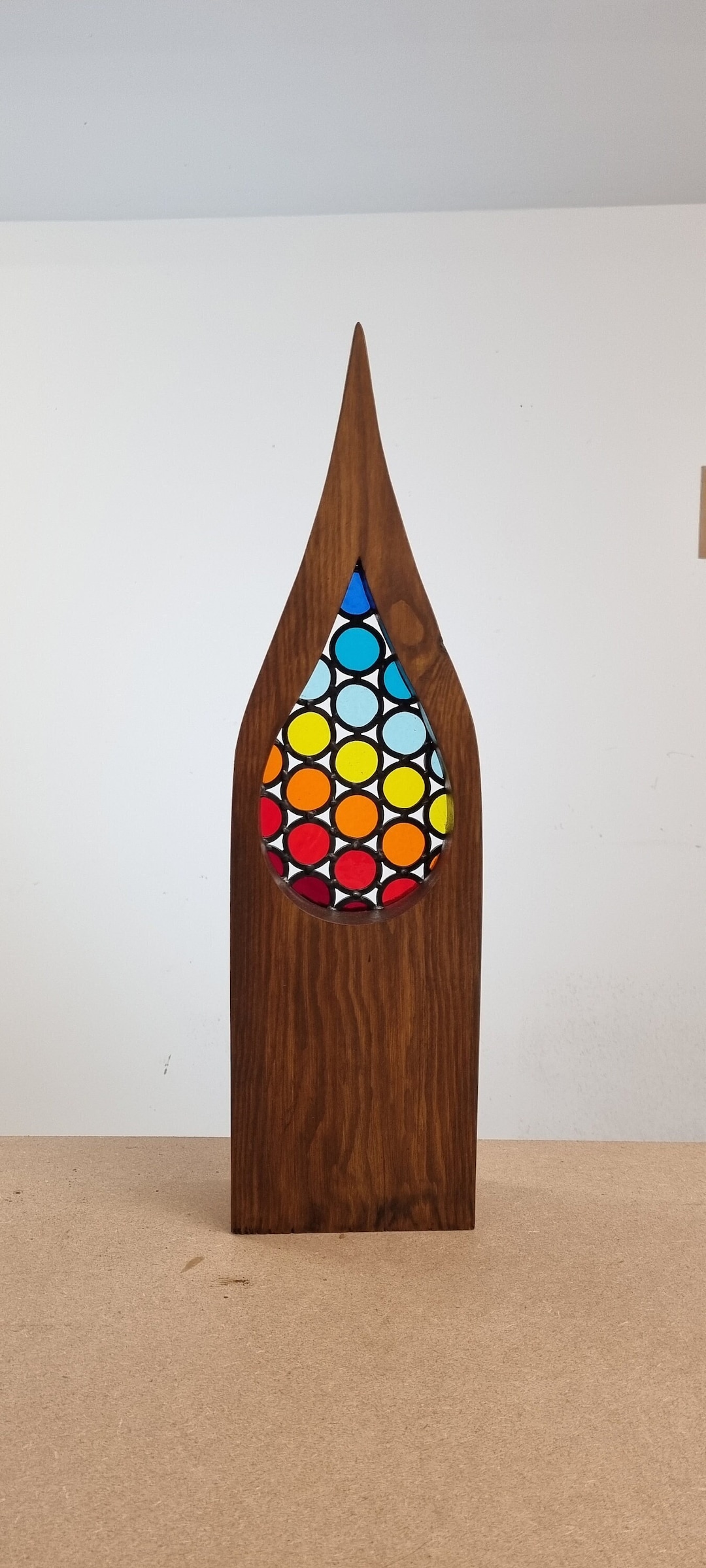 Wood and Glass Sculpture rainbow Tear Drop Shaped Sculpture Circles ...