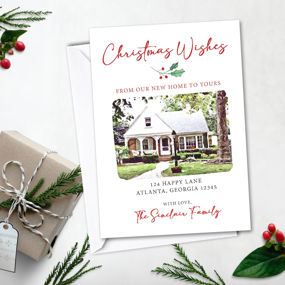 New Home Christmas Card, House Portrait Christmas Card, Christmas ...