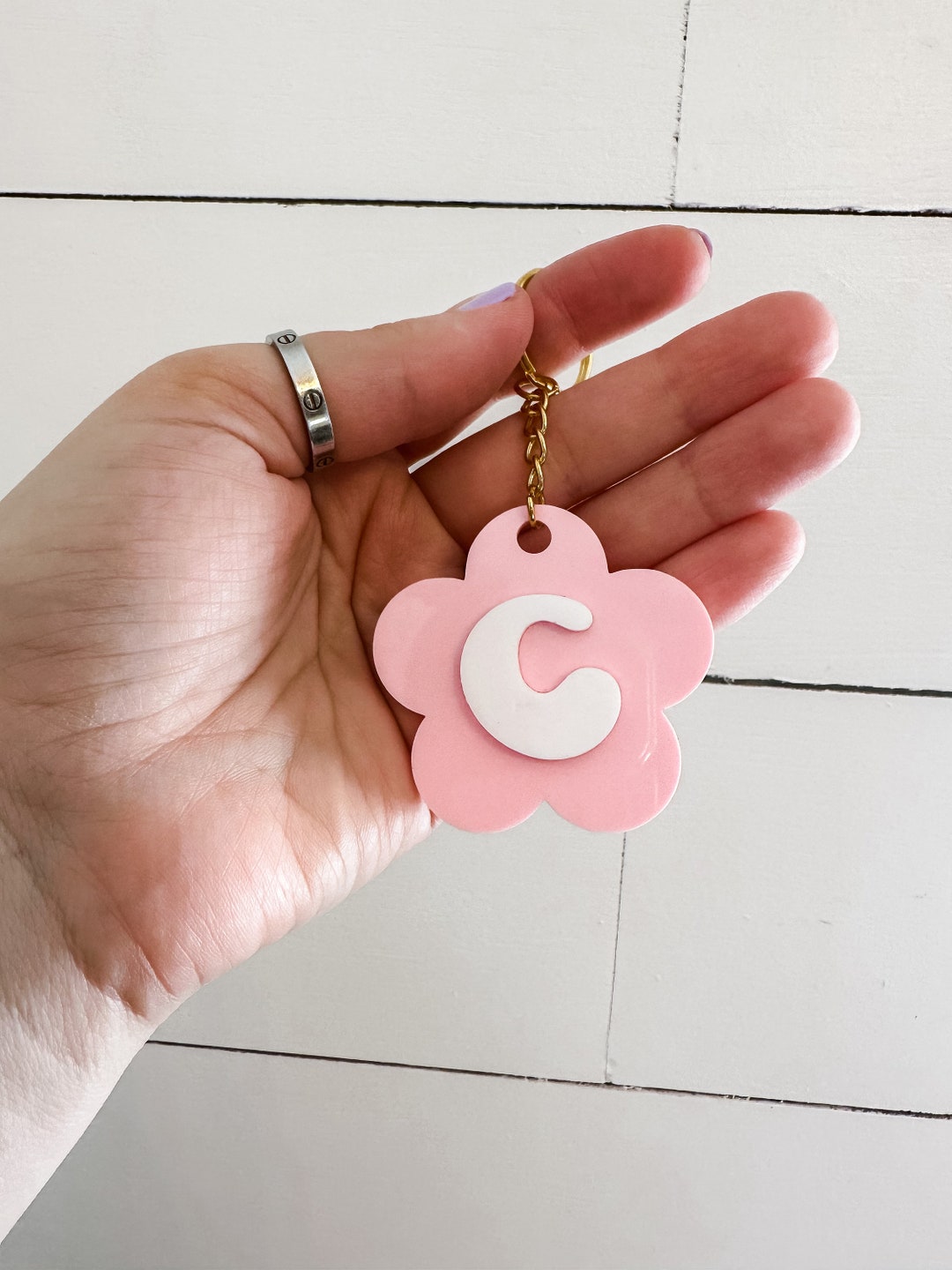 Retro Flower Initial Keychain: Acrylic Bag Tag - Etsy