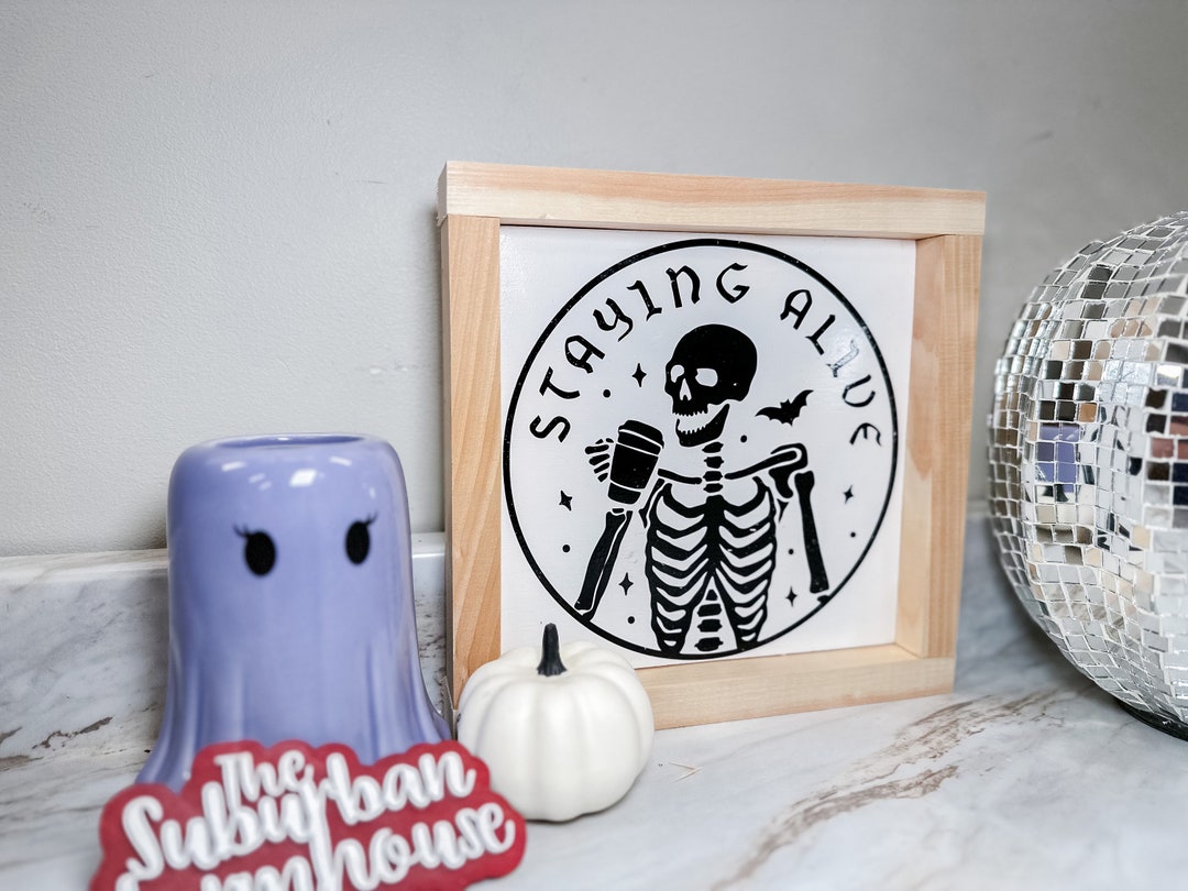 Staying Alive Skeleton Coffee Halloween Ghost Decor - Retro Groovy ...